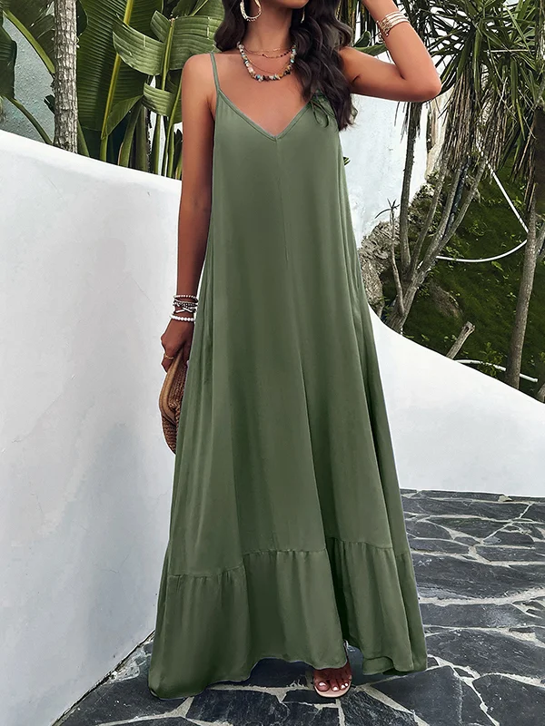 Flowy Sleeveless Maxi Dress with Pleated Design and Split-Joint ...