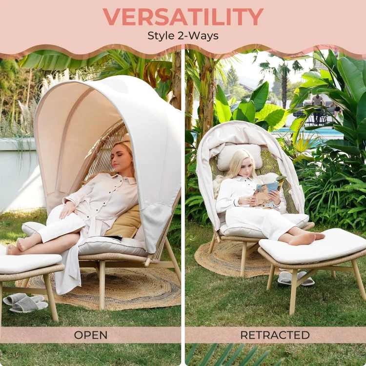 Grand Patio Seren Cove Boho Oudoor Egg Chair with Folding Canopy and Ottoman Open Weave Wicker Oversize Lounge Chair Sun Shade for Patio