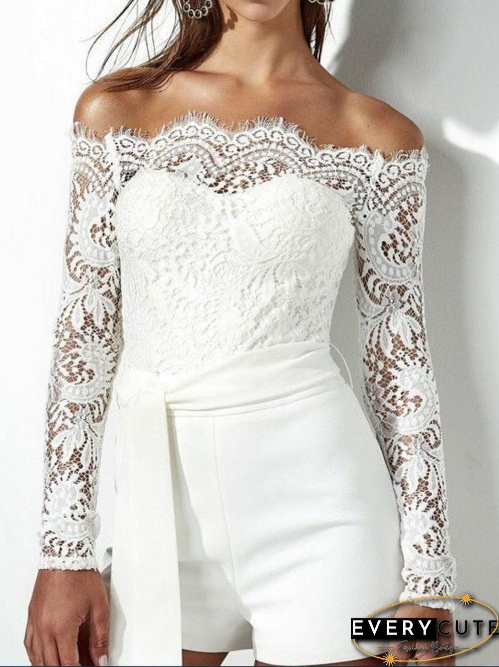 Women'S Jumpsuits One-Shoulder Lace Long Sleeve Lace Up Jumpsuit