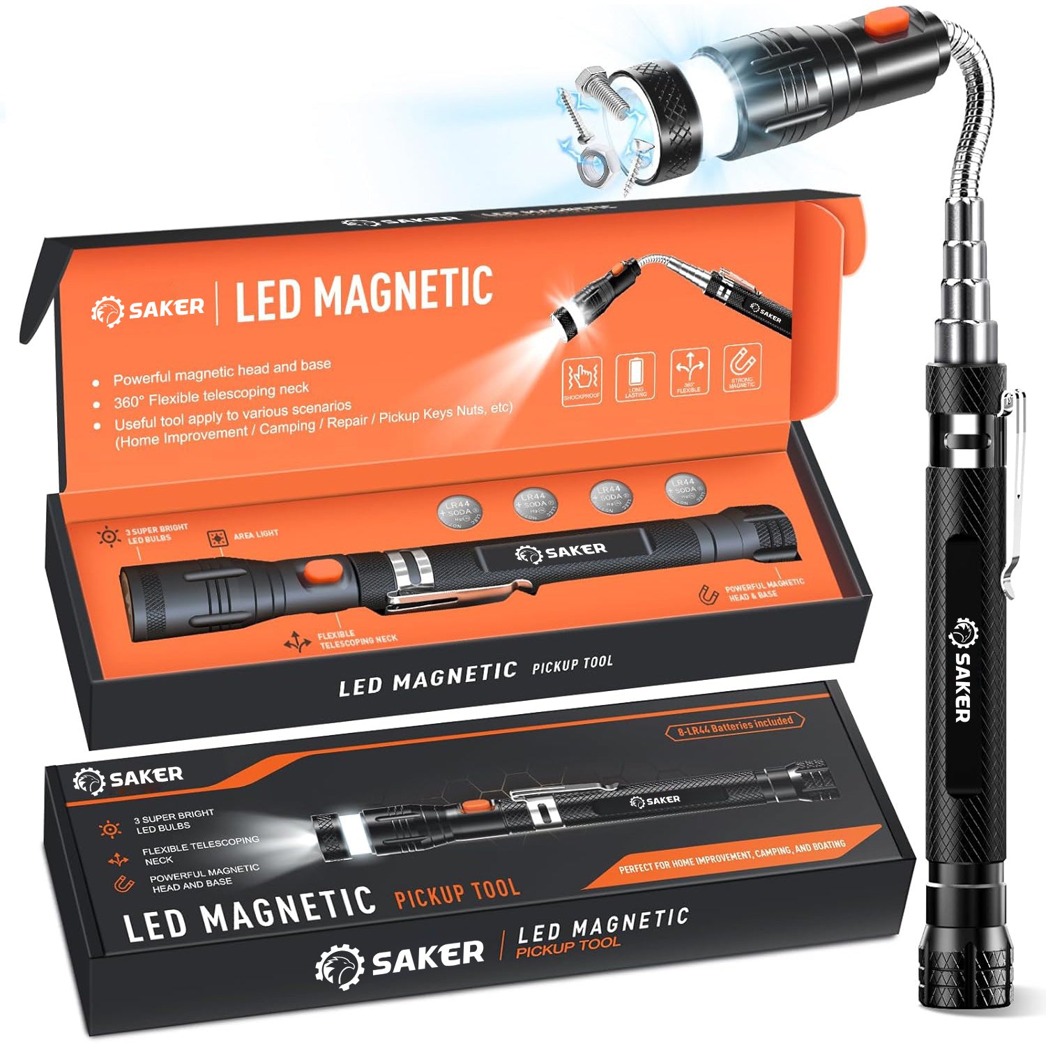 Saker LED Magnetic Pickup Tool with Telescoping Flexible Shaft ...