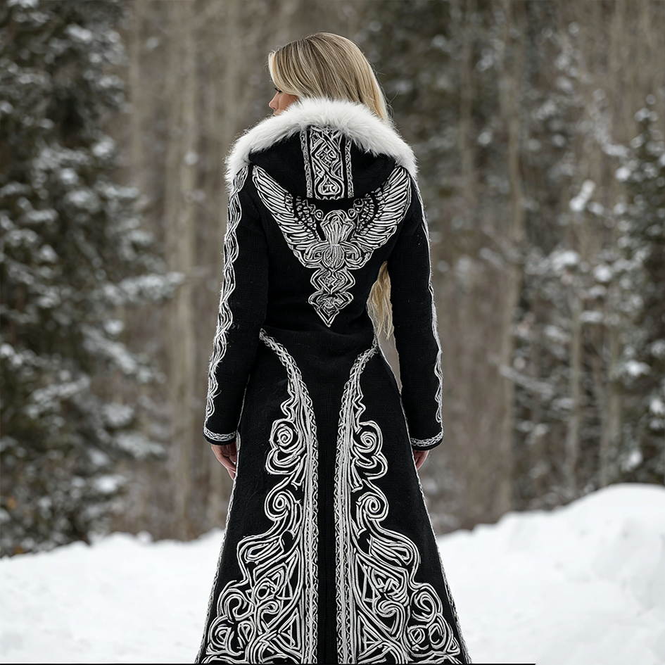 Retro Viking Angel Wings Design Women's Hooded Long Knit Sweater Coat