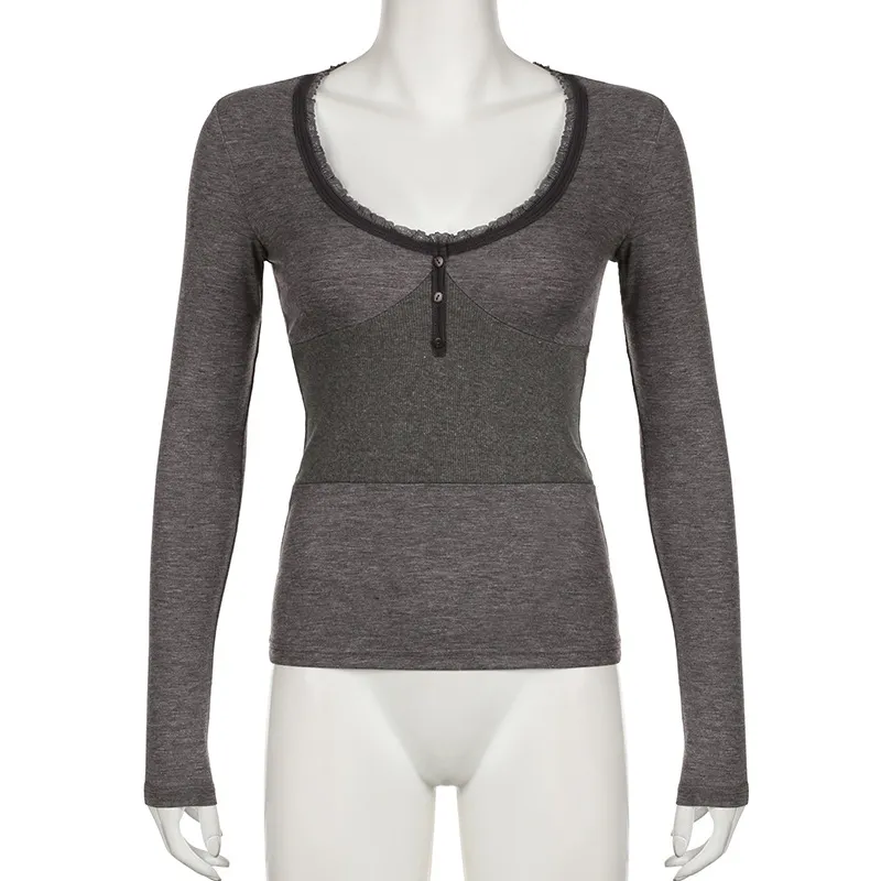 BASIC V-NECK LOW CUT BREASTED LONG SLEEVE TOP