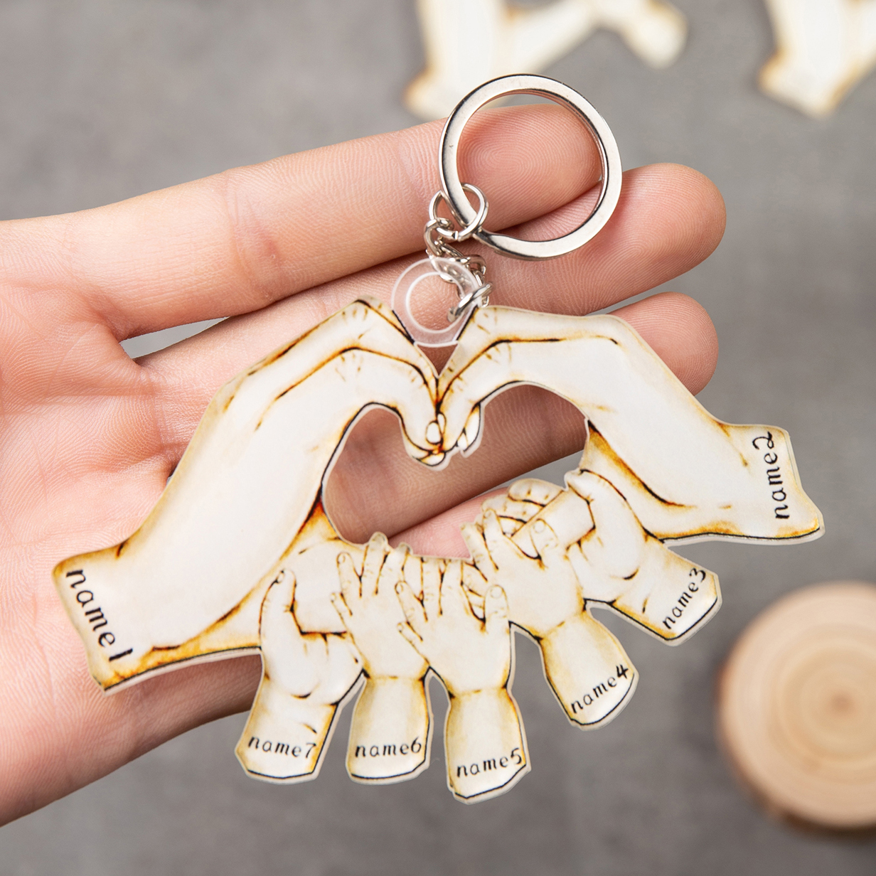 Custom Family Keychain Engrave 7 Names Holding Hands Keychain