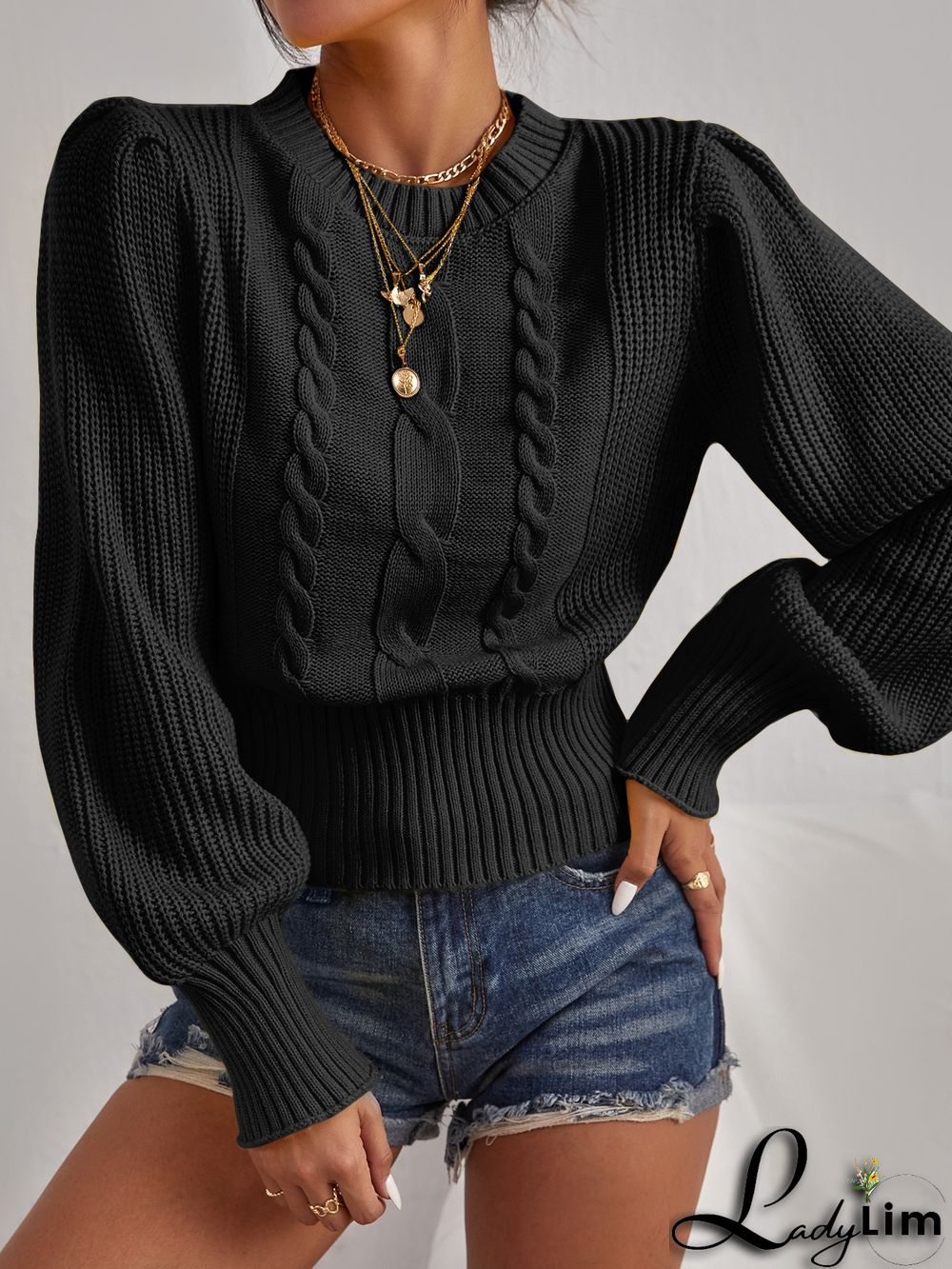 Cable Knit Lantern Sleeve Sweater - Ladylim