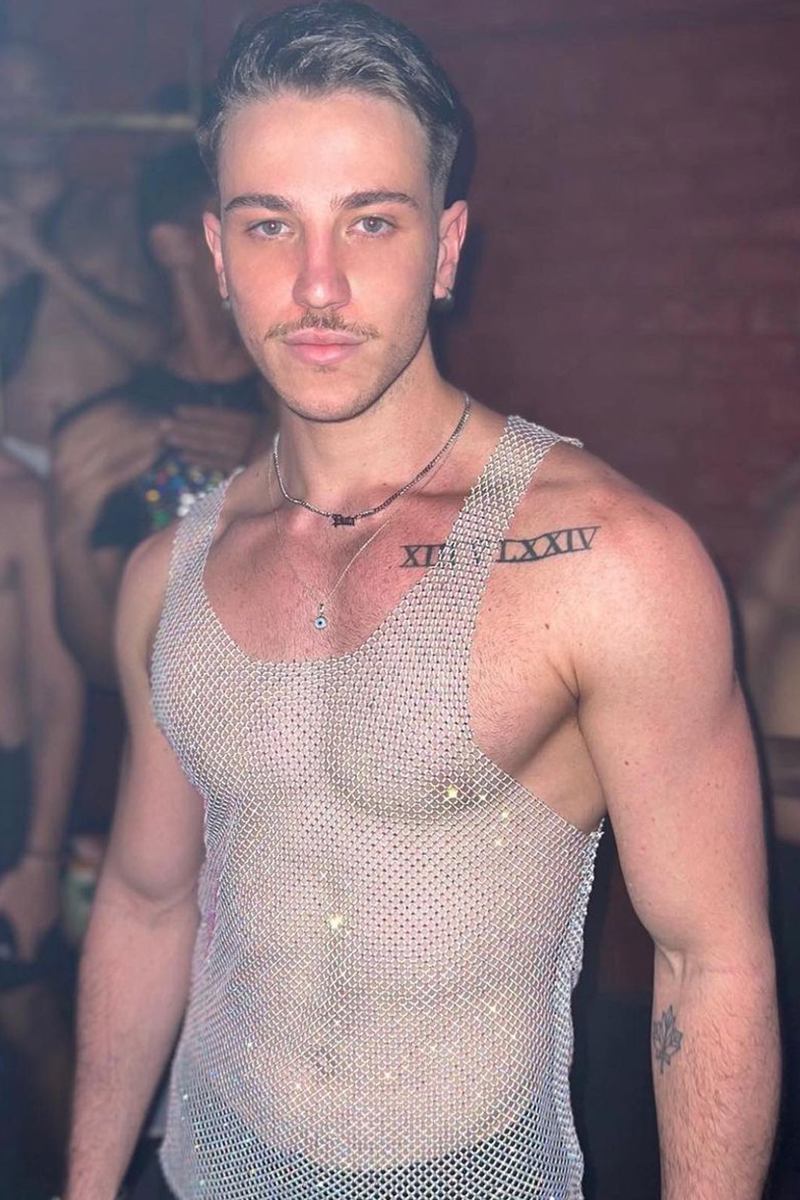 Ciciful Men's Rhinestone Mesh Raw Cut Stretchy White Tank Top