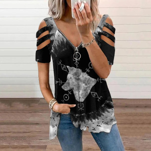 Odin's Wolf and Raven Viking Valhalla Symbol Print T-Shirt