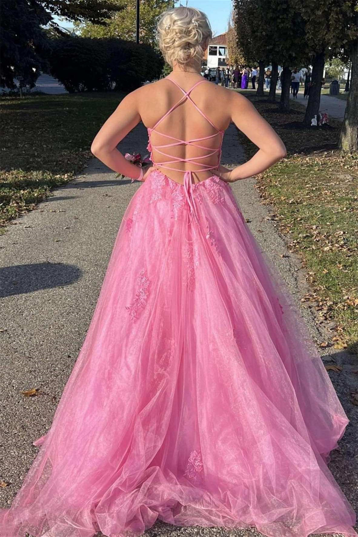Miabel Beautiful Slit Pink Tulle Spaghetti Strap Backless Ball Gown ...