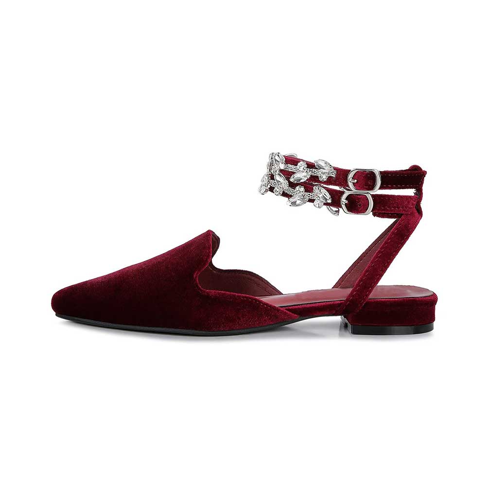 Maroon Velvet Pointed Toe Rhinestone Embellished Double Strappy Elegant ...