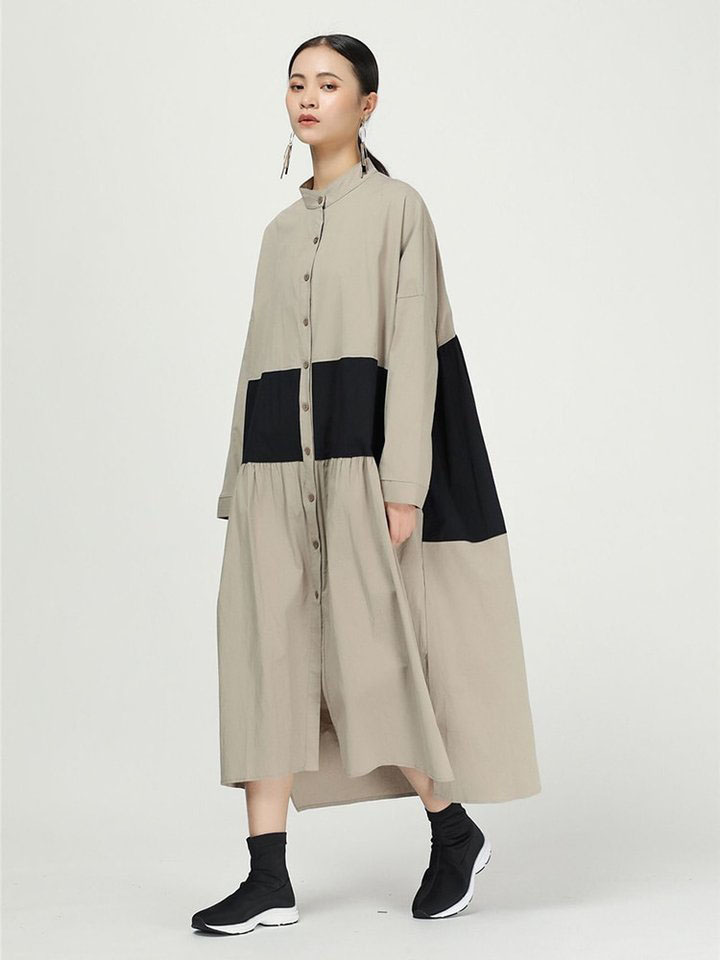 Original Loose Half Stand Collar Contrast Color Patchwork Long Sleeve ...