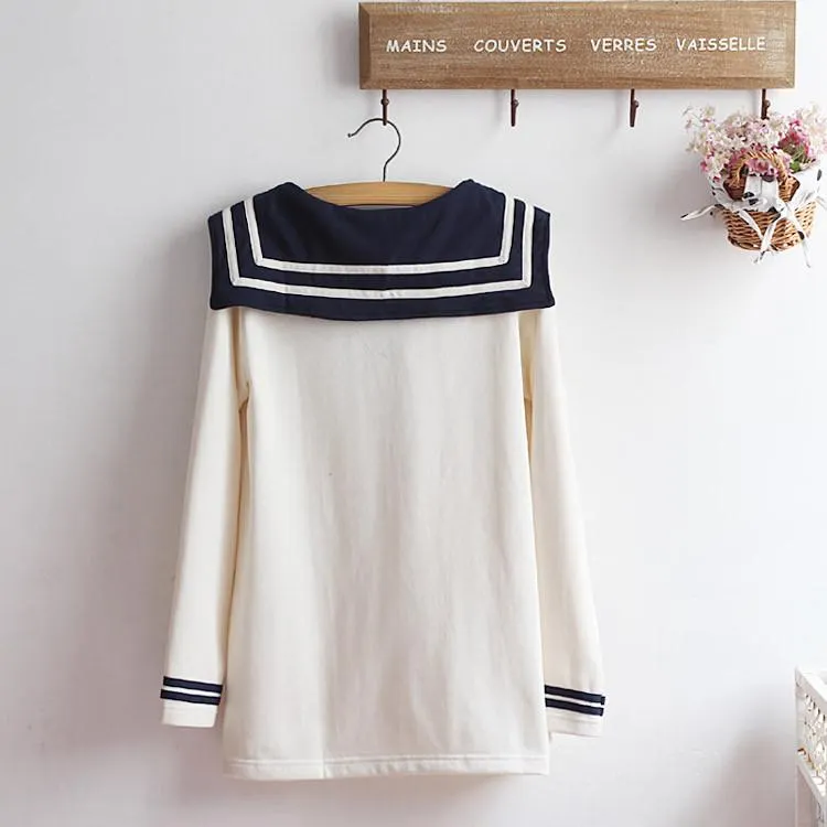 M-XL Beige/Navy Long Sleeve Sailor Top with Skirt Uniform Set SP153608