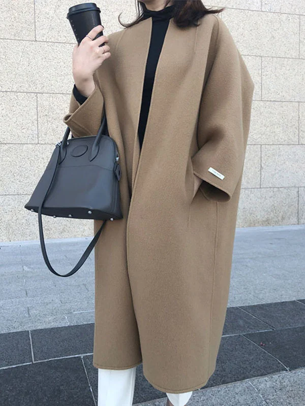 Elegant Collarless Woolen Coat: Long-Sleeved, Loose Fit, and Timelessly ...