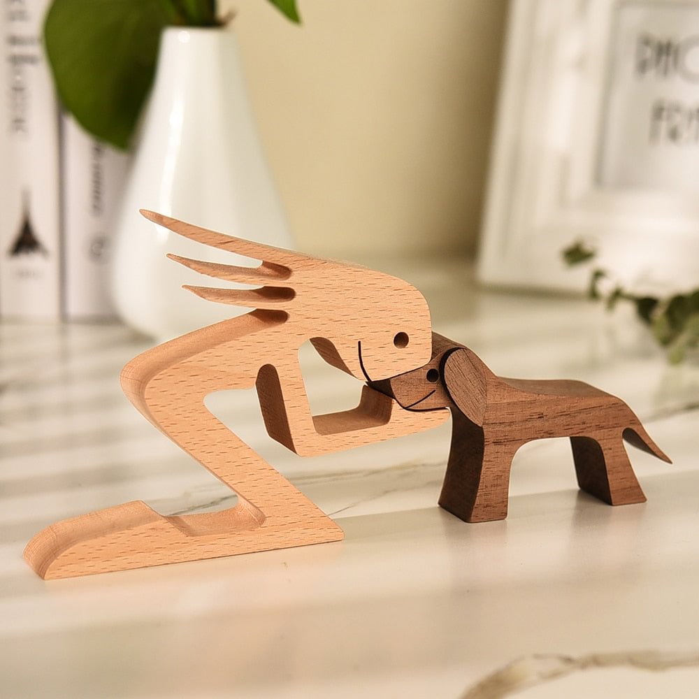 Family Puppy Wood Dog Craft Figurine Desktop Table Ornament Carving ...