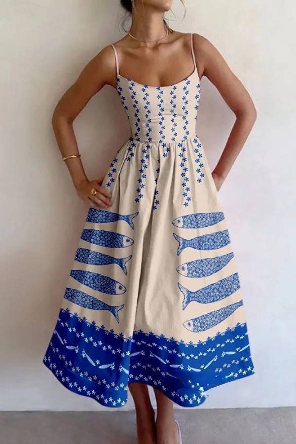 Unique Fish Floral Print Midi Dress