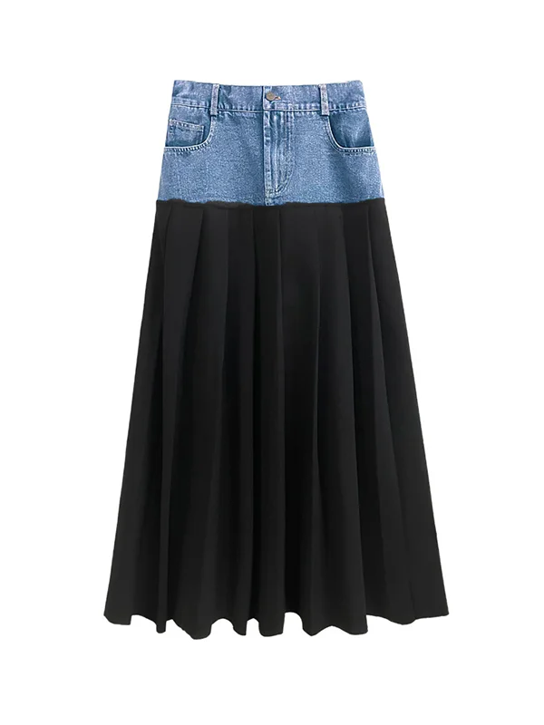 Graceful Contrast: A-Line High-Waisted Pleated Skirt with Split-Joint ...