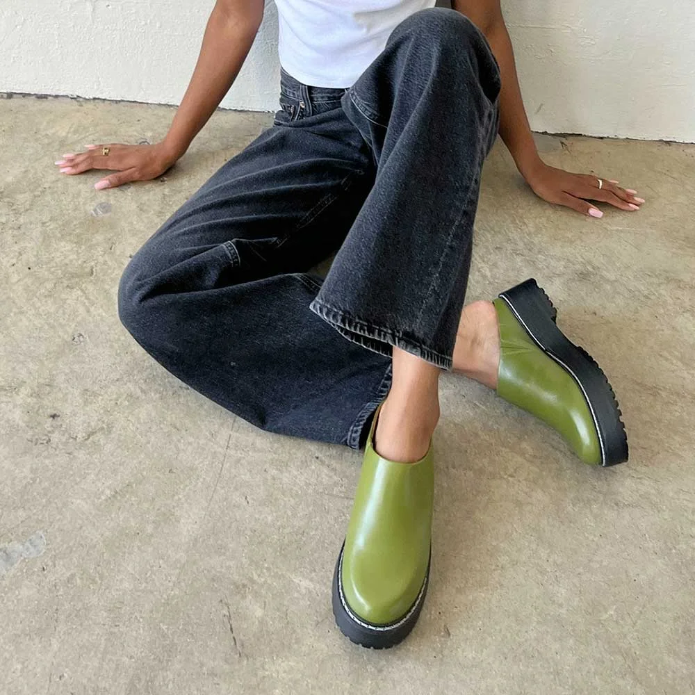 Green Round Toe Chunky Heel Lug Sole Platform Mules for Women