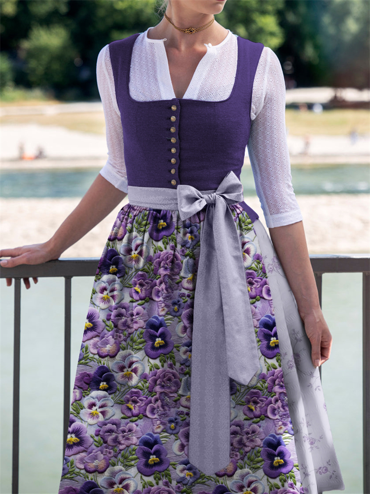 Classy Pansy Floral Embroidered Midi Dirndl