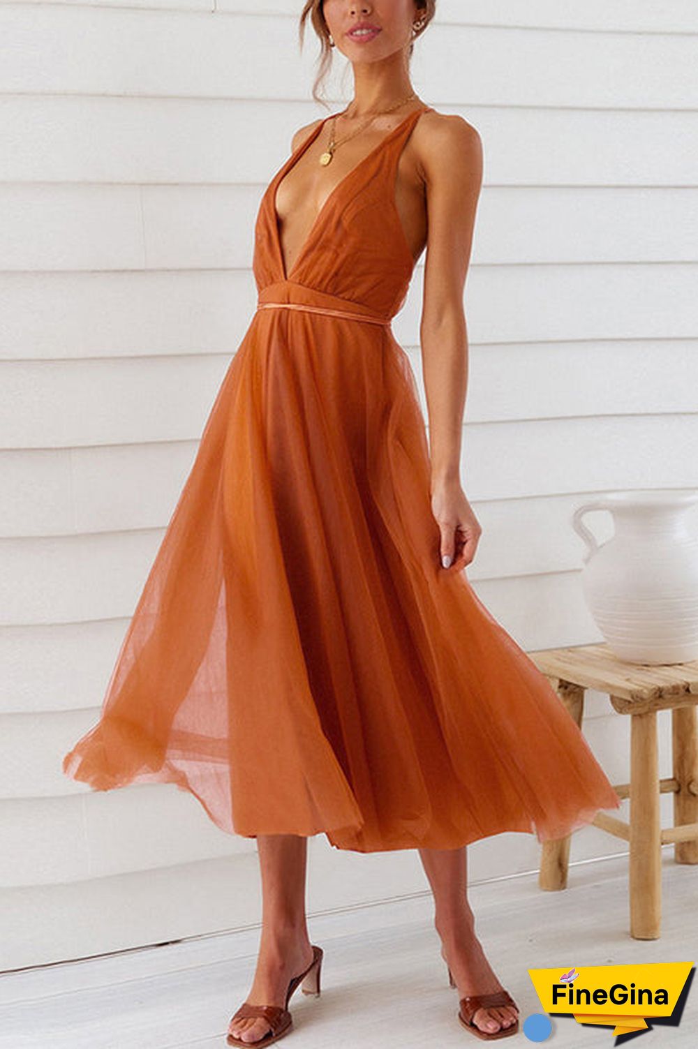 FineGina Plunging Neck Backless Mesh Midi Dress