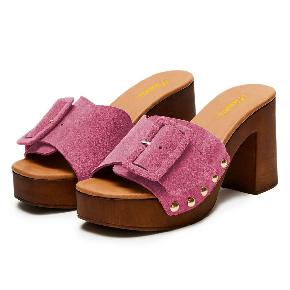 Pink Vegan Suede Studded Open Square Toe Buckle Platform Mules
