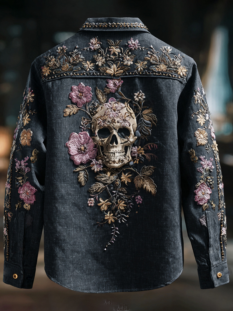 Halloween Skull Floral Embroidered Men's Long Sleeve Shirt