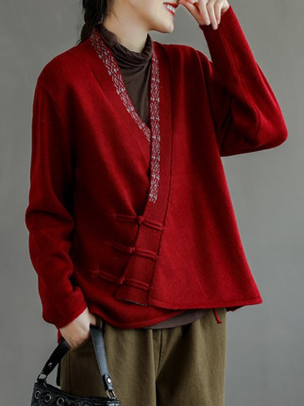 Vintage Solid Color Embroidered Wool Blend Cardigan Top