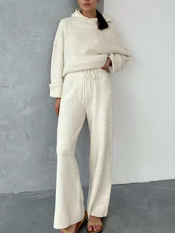 Relaxed Elegance: Loose Solid Color Round-Neck Hooded Sweater Set