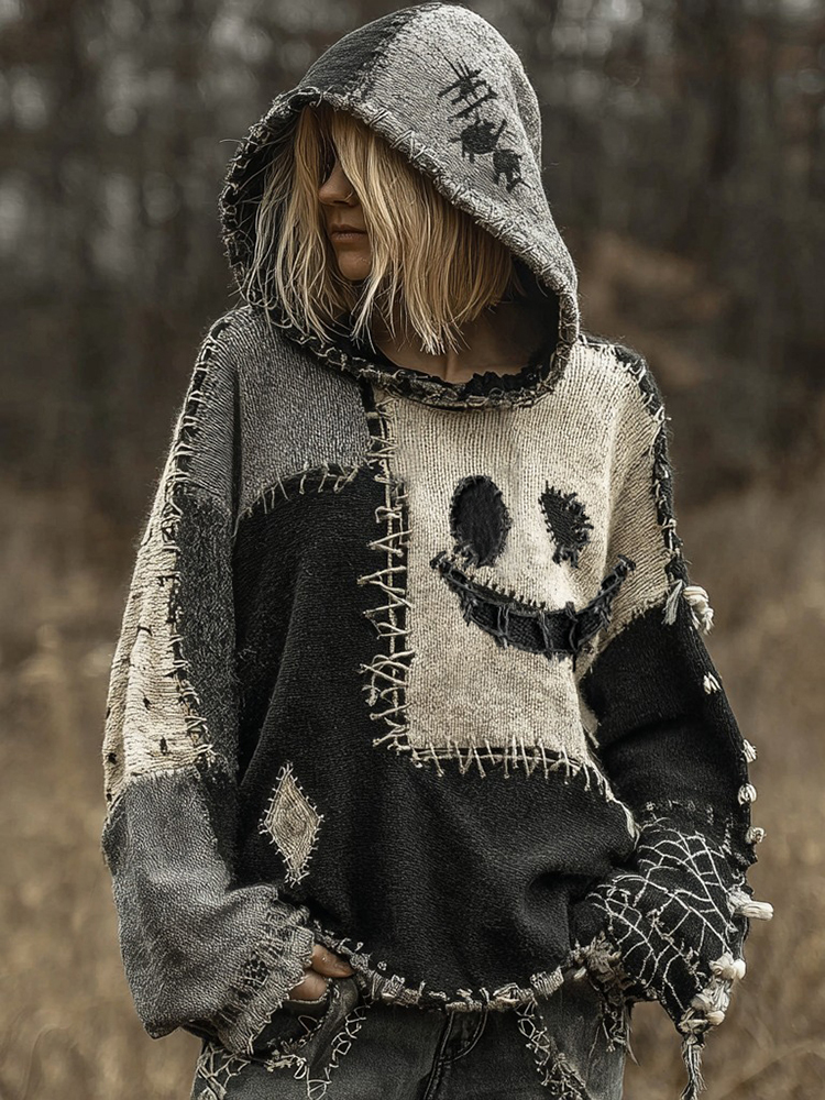 Halloween Spooky Face Patchwork Stitched Cozy Knit Hooded
