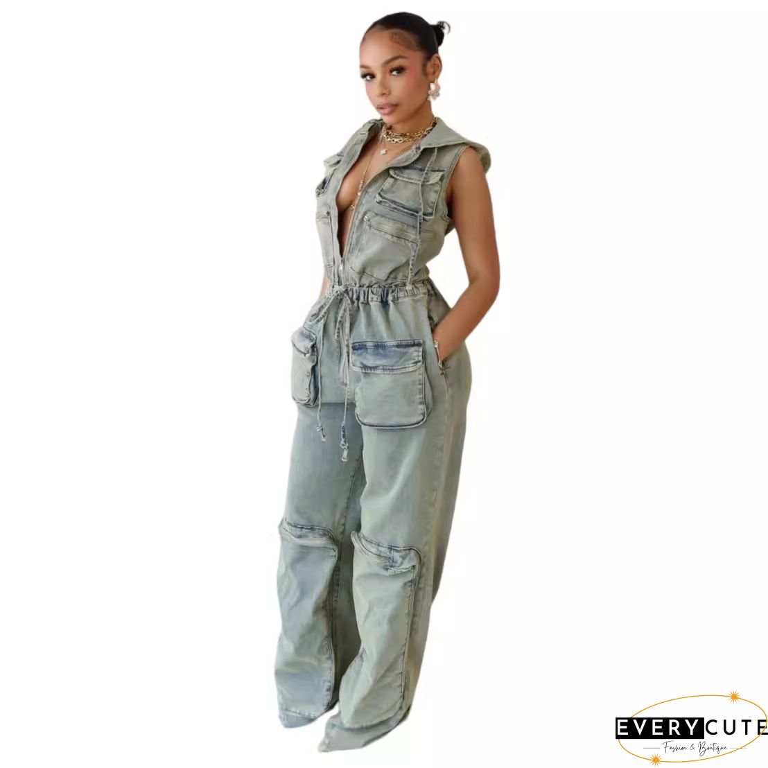 Sleeveless Button Up Denim Jacket Wide Leg Pockets Jeans Matching Set