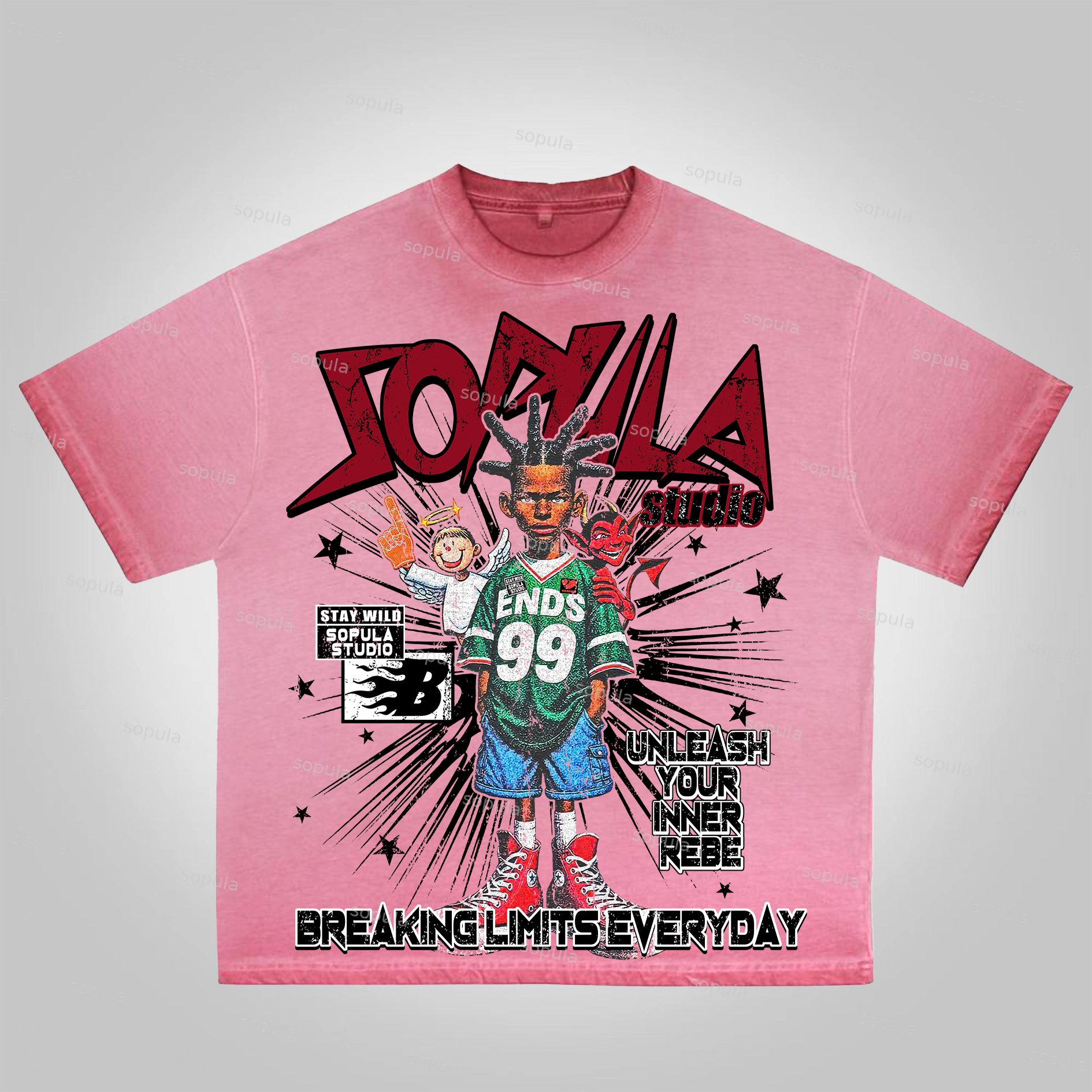 Sopula Boy Portrait Angel Demon Graphic Print Washed Cotton T-Shirt ...