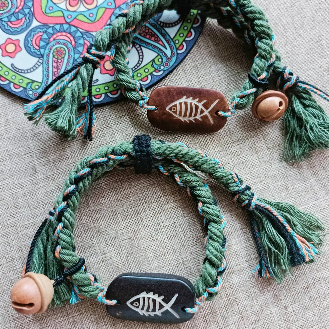 Tibetan Natural ox Bone Fish Woven Cotton Rope Lucky Bracelet