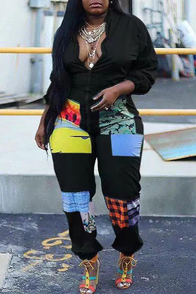 Sexy Patchwork Colorblock Printing O Neck Jumpsuits