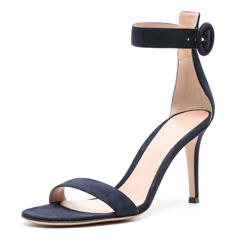 Open Toe Stiletto Heeled Sandals with Buckled Ankle Strap in Navy