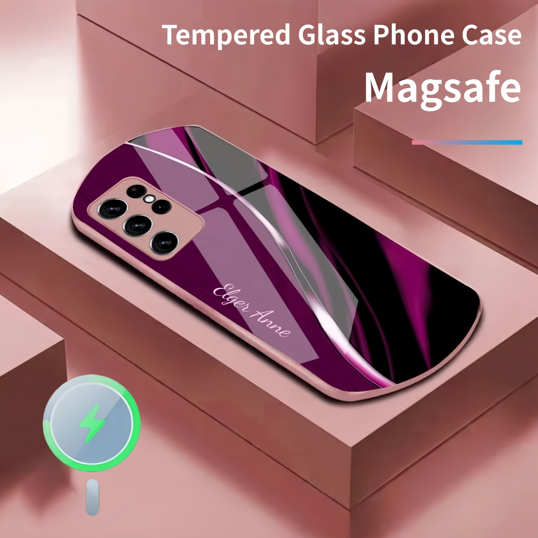 Personalized Wood Grain Gradient Curve Magsafe Tempered Glass Case