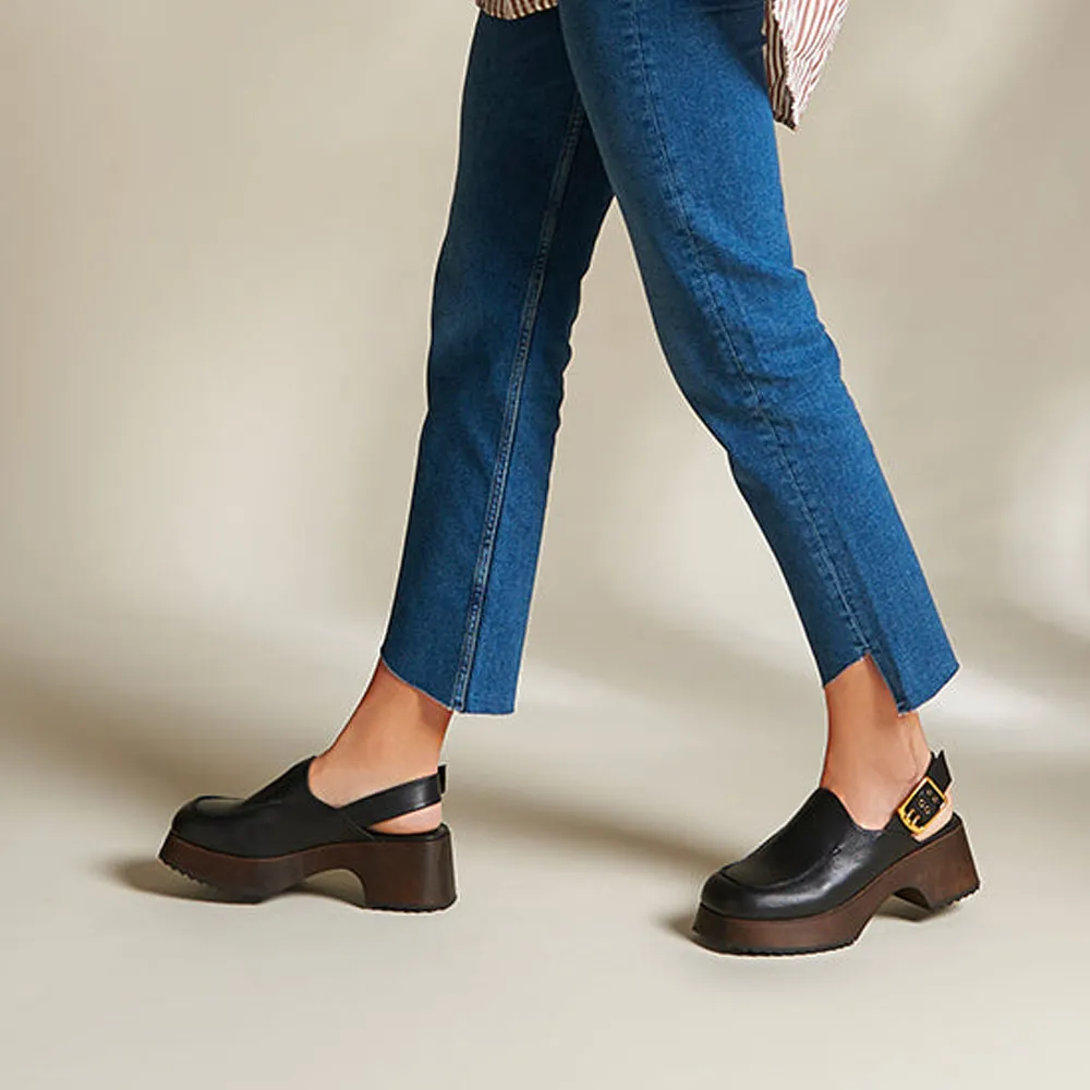 Black Square Toe Chunky Heel Clog Classic Platform Slingback Pumps