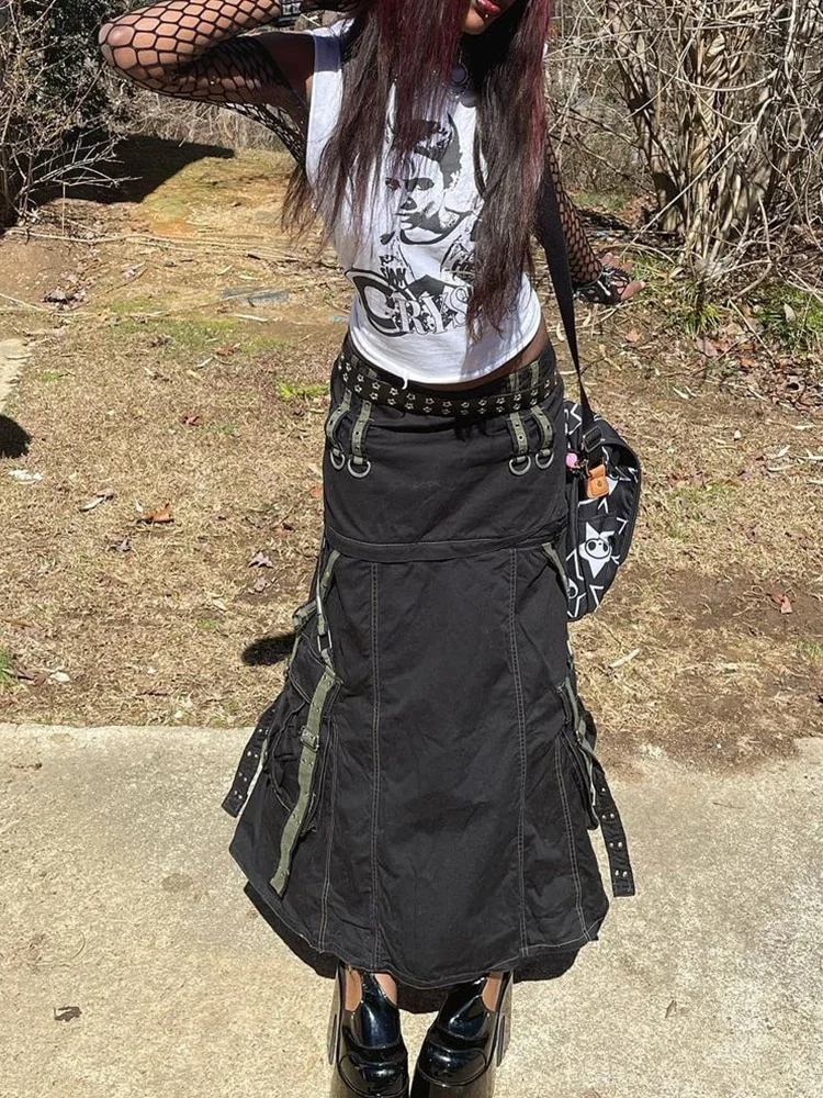 Wongn Grunge Fairycore Cargo Skirts Women Goth Punk Bandage Long Skirt ...