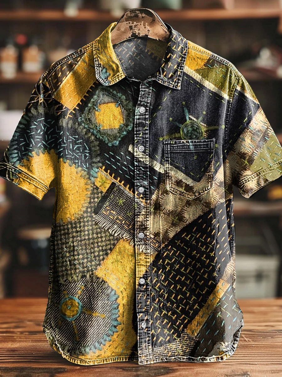 Vintage Geometric Patchwork Art Print Casual Shirt