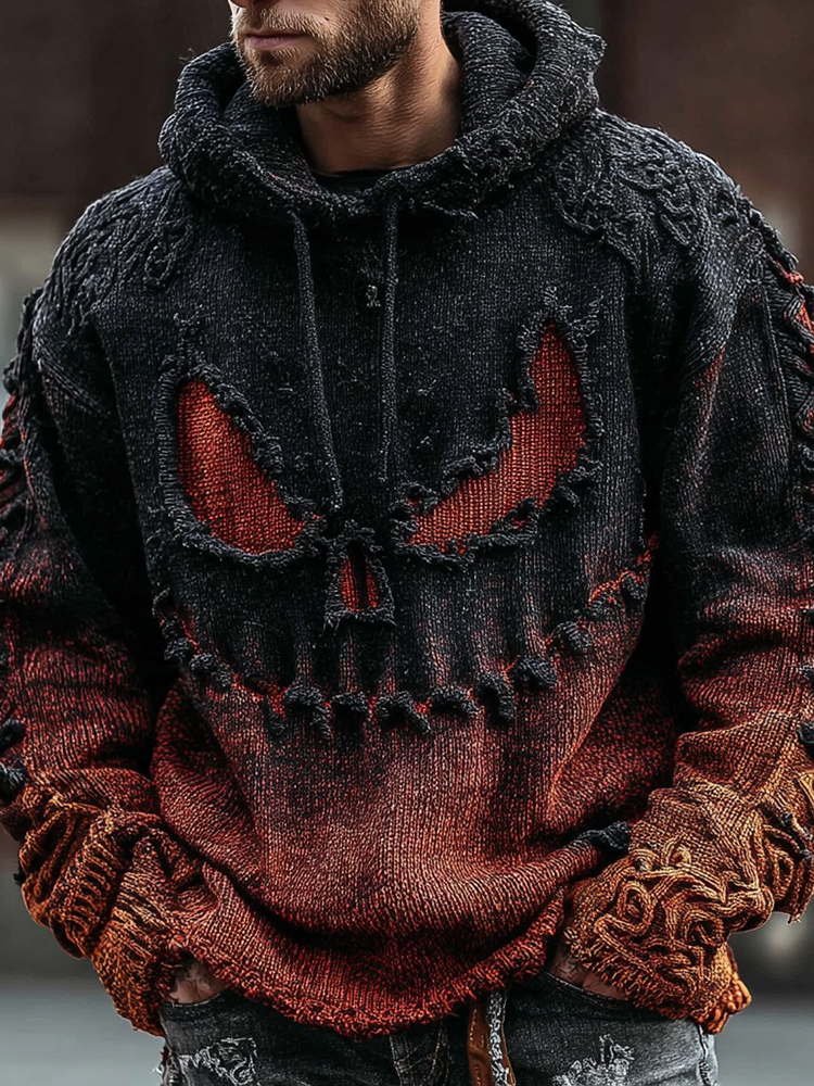 Men's Halloween Spooky Face Gradient Inspired Knitted Distressed Hooded ...