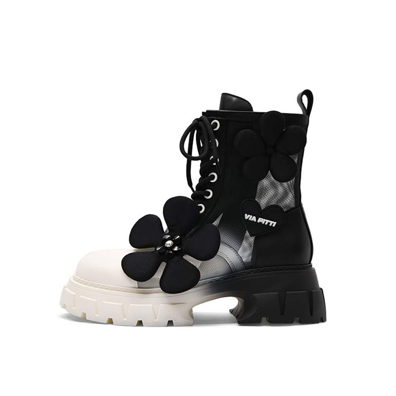 Gradient Color Floral Mesh Platform Boots - Ladylim