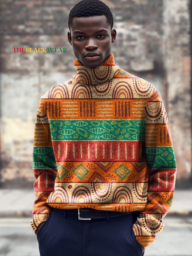 Vintage African Art Ideas Patterns Print Knit Turtleneck Pullover Sweater