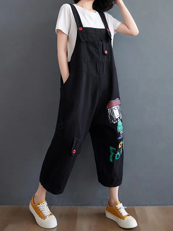 Charming Cartoon-Printed Puff Denim Overalls for a Playful Look