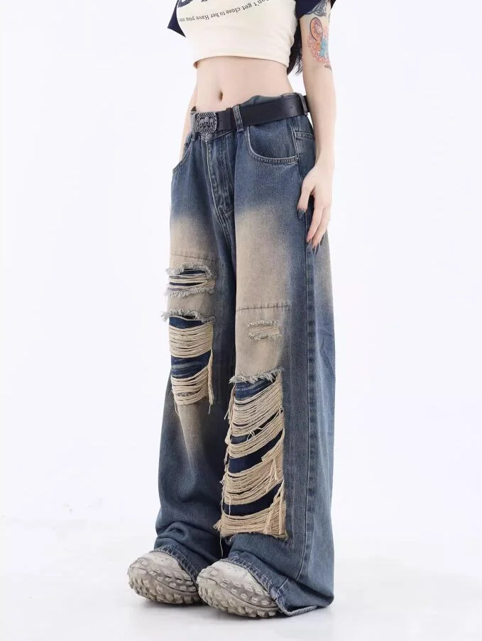 RETRO DISTRESSED PATCH RIPPED BAGGY JEANS