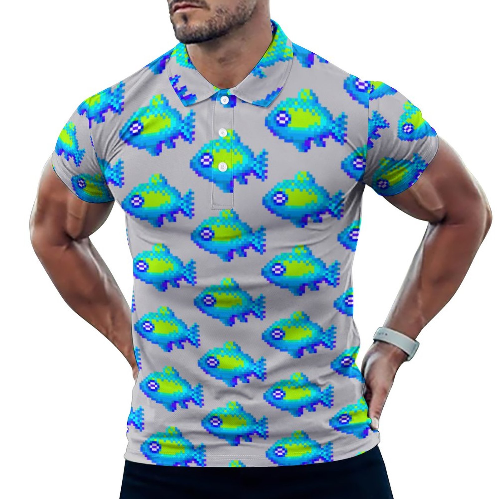 8 Bit Pixel Art Fish Blue Green, Men's Casual Print Golf Polo Shirts ...