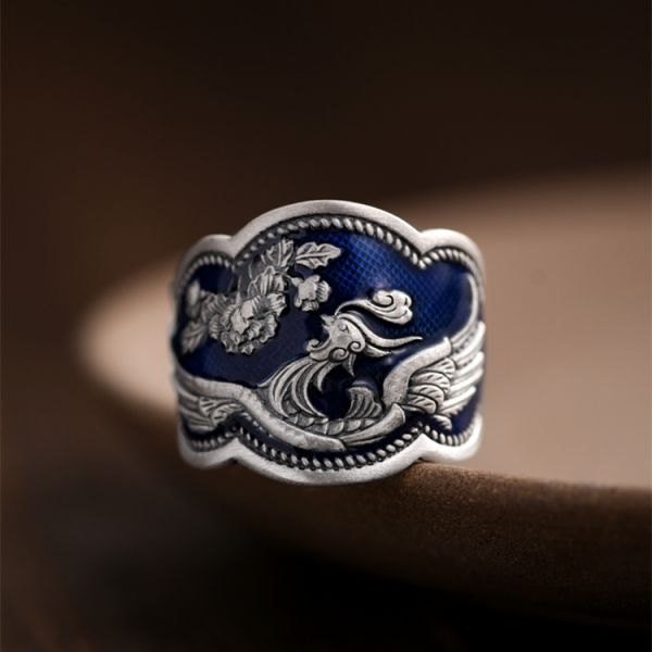 Sterling Silver Phoenix and Peony Flower Ring