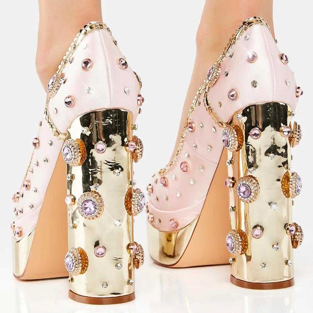 Pink Square Toe Diamond Pumps Platform Heels