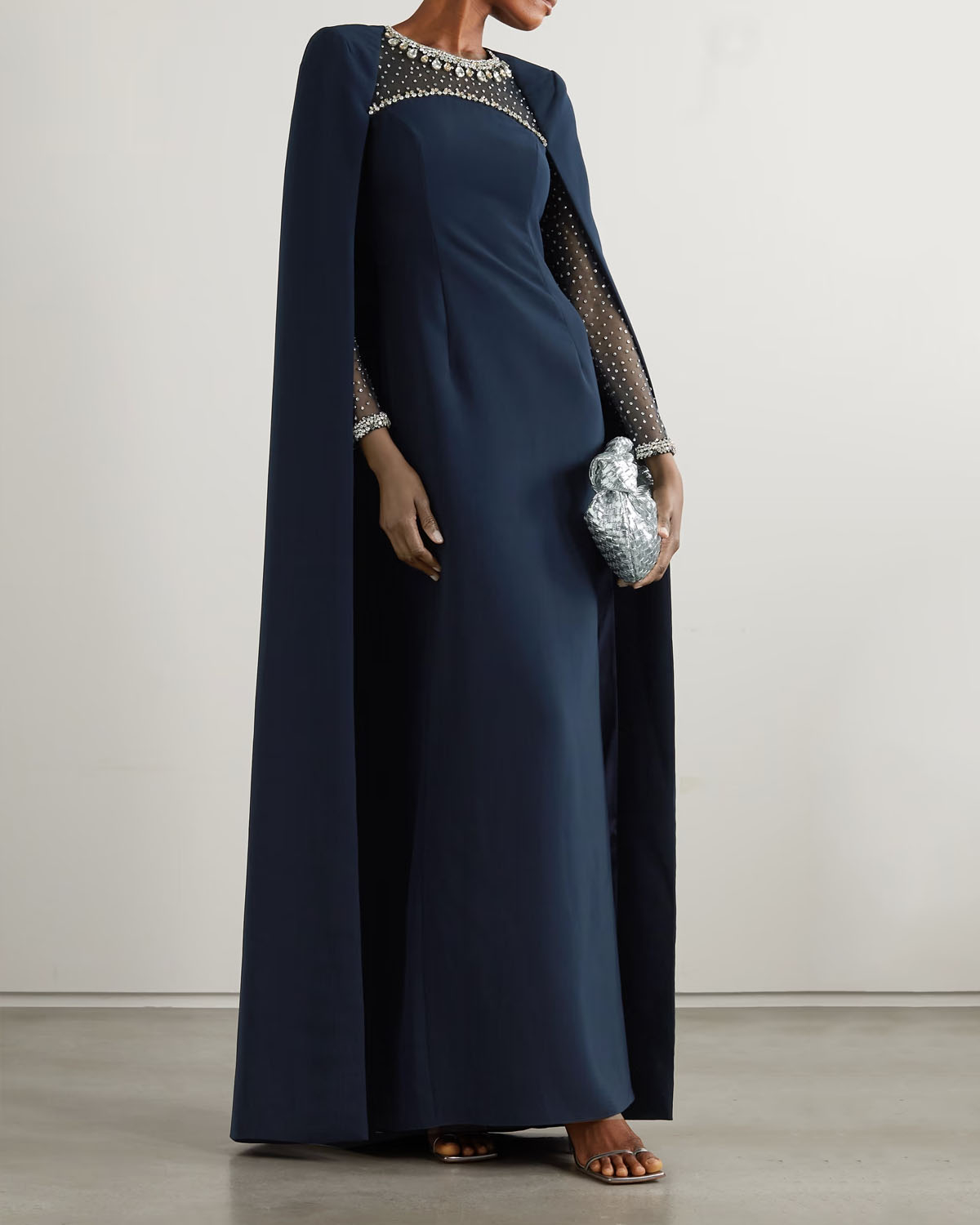 Loretta Cape-Effect Crystal Embellished Crepe Gown