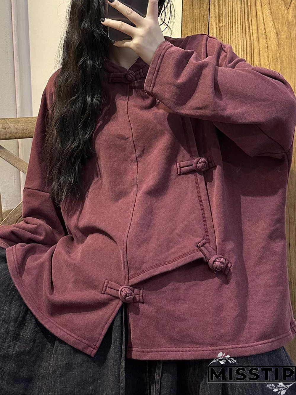 Plus Size Women Autumn Vintage Pure Color Slanted Shirt - MissTip