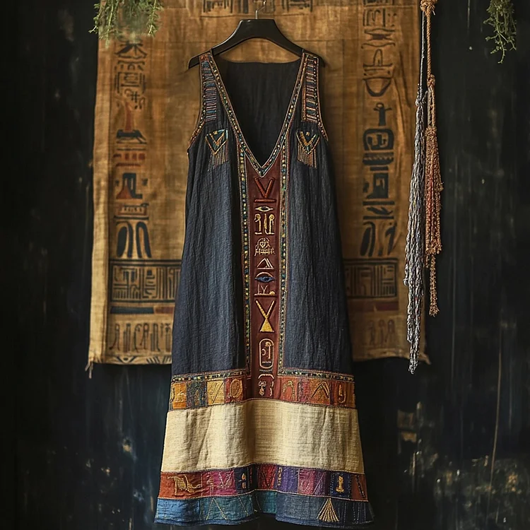 Lunivibe Ancient Egyptian Elements Embroidered Linen Maxi Dress