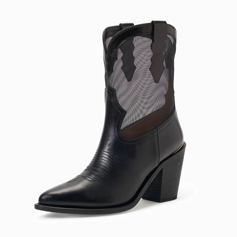 Black Patchwork Pointed Toe Chunky Heel Cowgirl Boots for Women