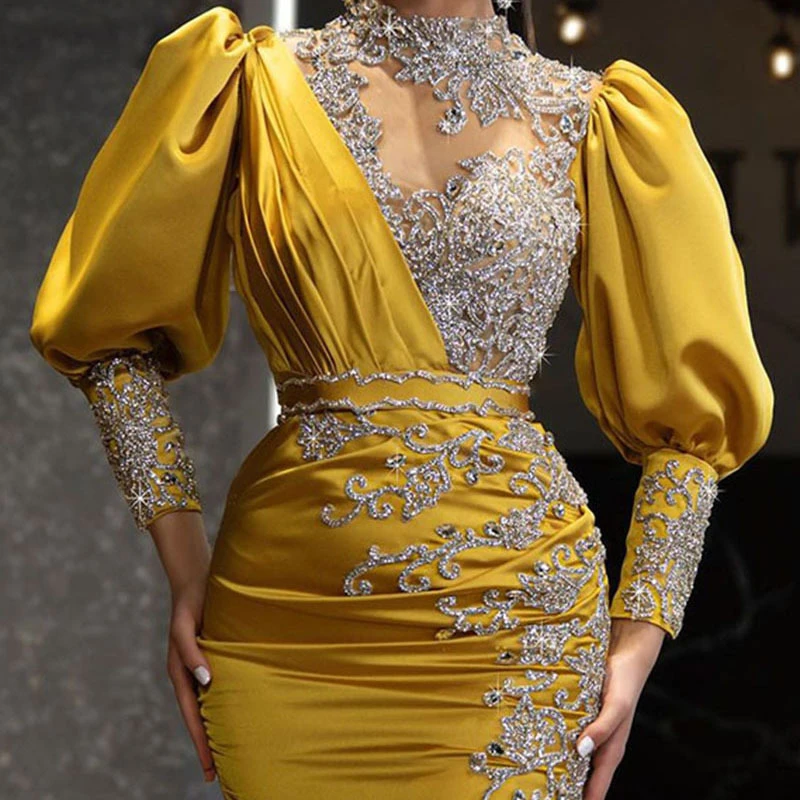 Solid Lantern Sleeve Sequins High Split Party Dress