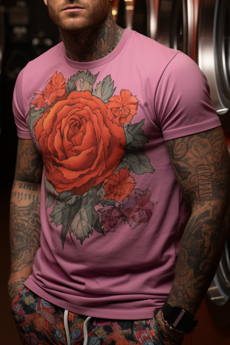 Ciciful Men's Rose Graphic Print Casual Slim Fit Pink T-shirt