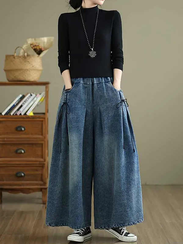 High Waisted Loose Elasticity Pleated Pockets Jean Pants Bottoms